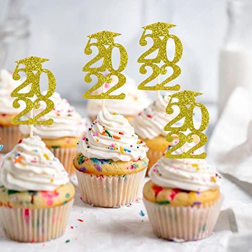 30 Pack Graduation Cupcake Toppers, Gold Glitter Graduation Cap Hat ...