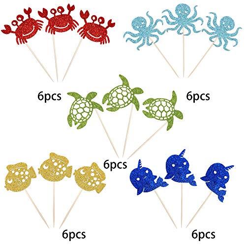 30 PCS Ocean Sea Animals Cupcake Toppers Narwhal ZHUOWEISM